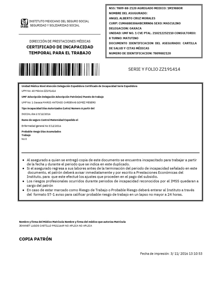 Certificado de Incapacidad IMSS | PDF