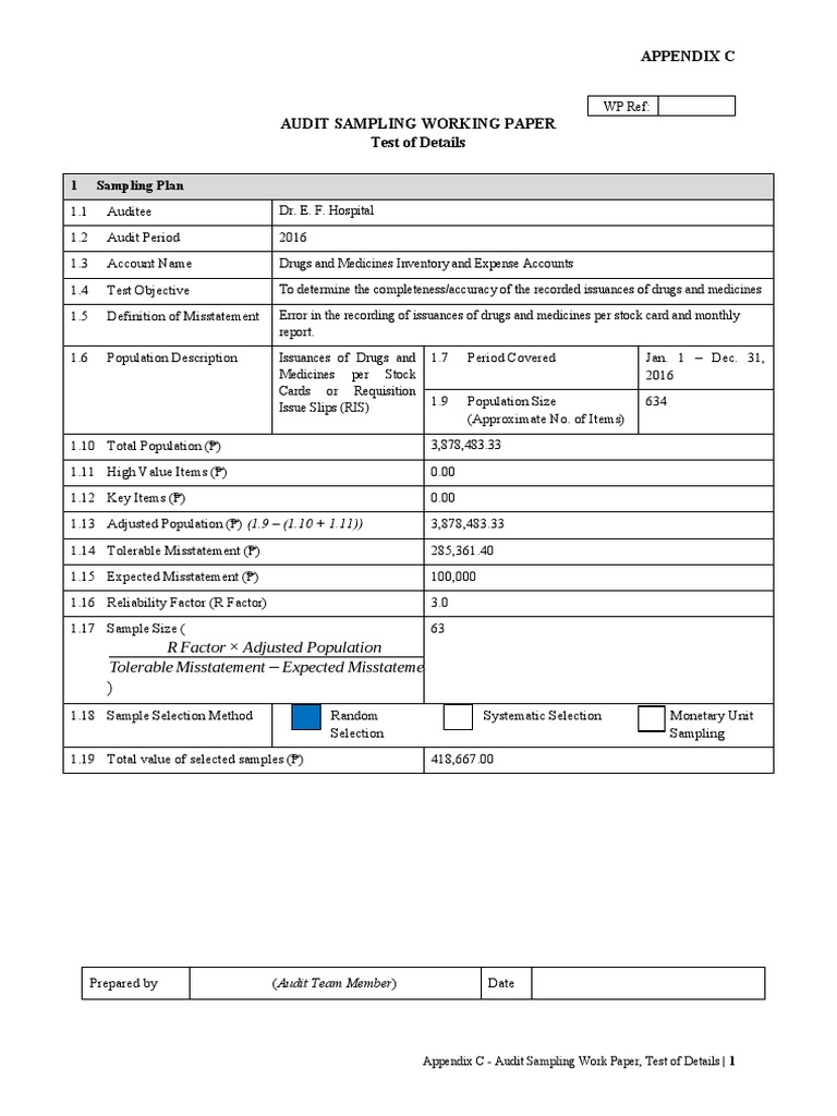 03 - WORKING PAPER 1 - Audit Sampling for Test of Details | PDF