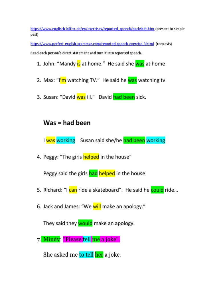 Reported Speech Practice With Answers | PDF