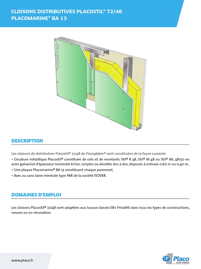 Cloisons Distributives Placostil 72-48-Placomarine BA13 | PDF