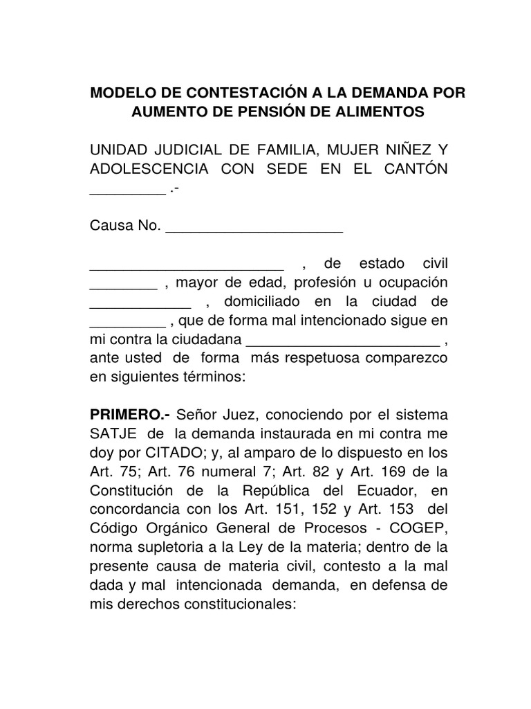 Modelo de Contestacion A La Demanda Por Aumento de Pension de Alimentos ...