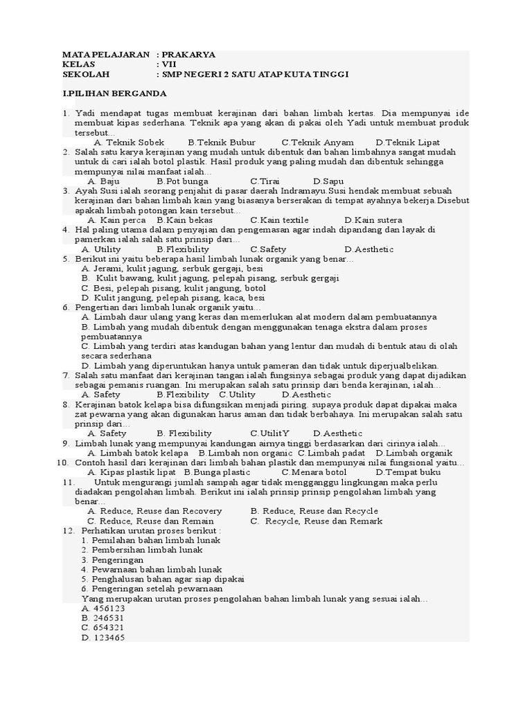 Soal Uts Prakarya Kelas Vii Sem 2 | PDF