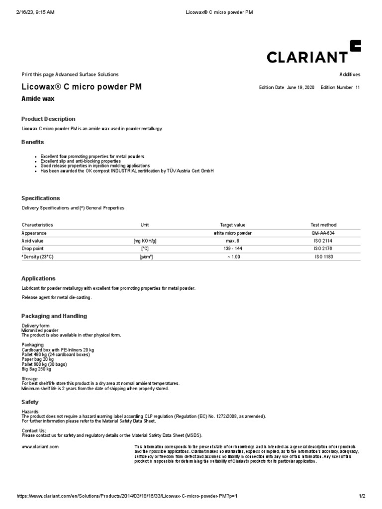 Licowax® C micro powder PM- Clariant | PDF