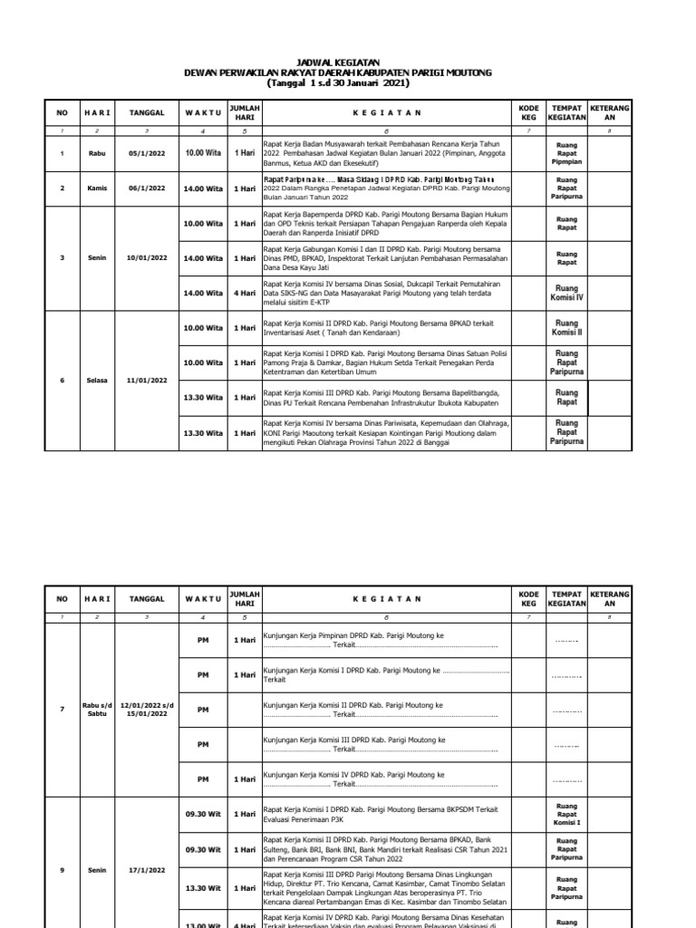 Jadwal Kegiatan DPRD Bulan Januari 2022 | PDF
