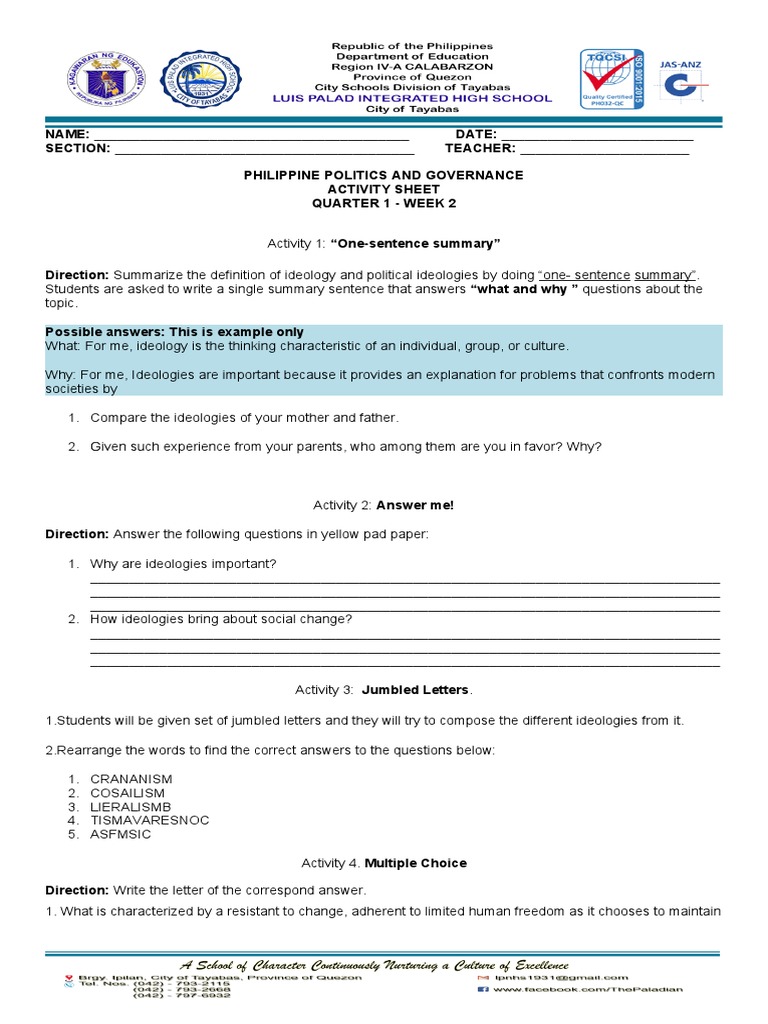 WEEK1 Q1 Module ActSheet w2 | PDF | Democracy | Political Ideologies