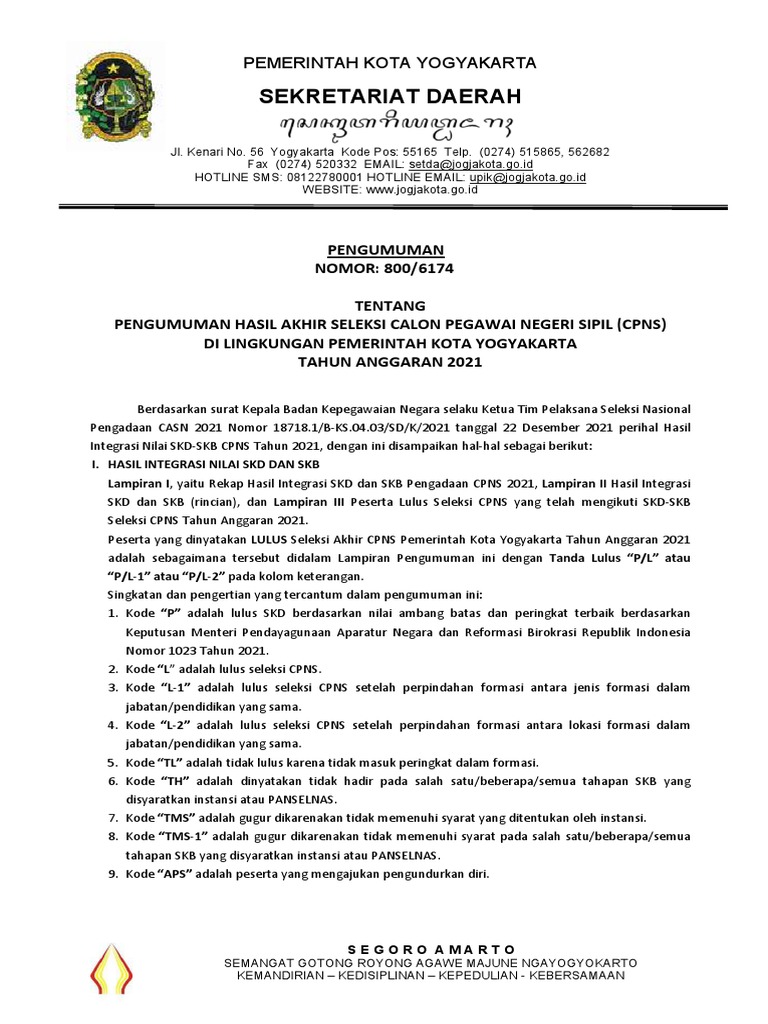 Pengumuman Hasil Integrasi SKD SKB CPNS Pemkot Yogya 2021 | PDF