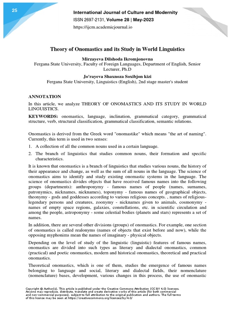 Theory of Onomastics and Its Study in World Linguistics | PDF