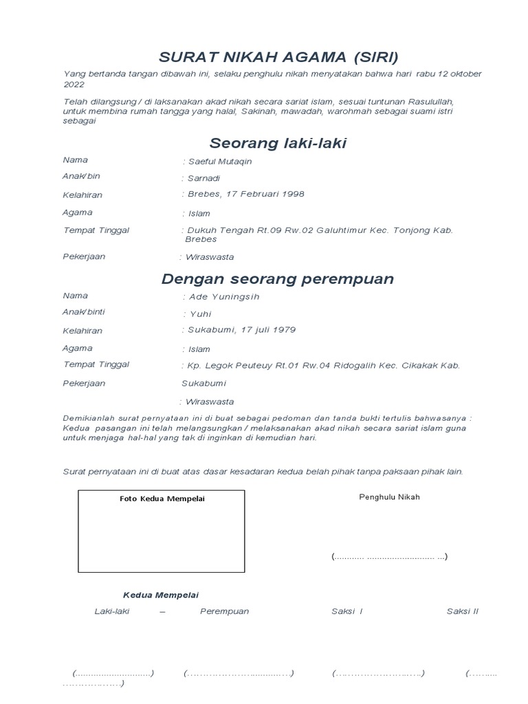 410188998 Contoh Surat Nikah Agama(1) | PDF