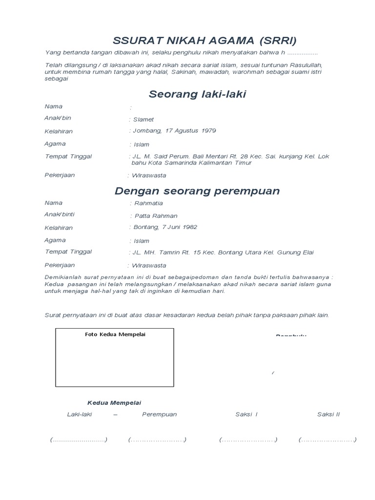 Contoh Surat Nikah Agama | PDF