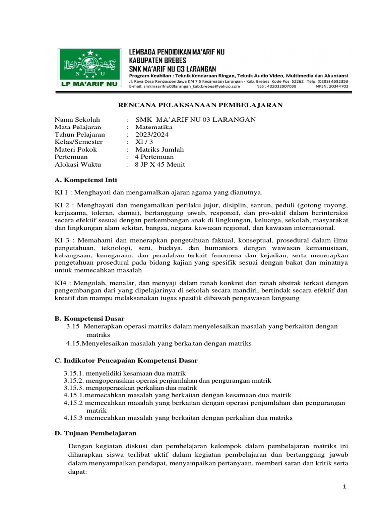 RPP Matriks CGP 10 | PDF