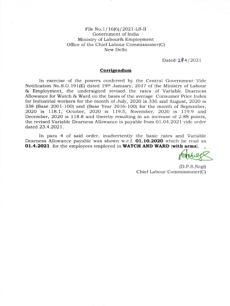 Revised VDA (Minimum Wages) Effective From 1st April 2021 With Corrigendum - Chief Labour ...