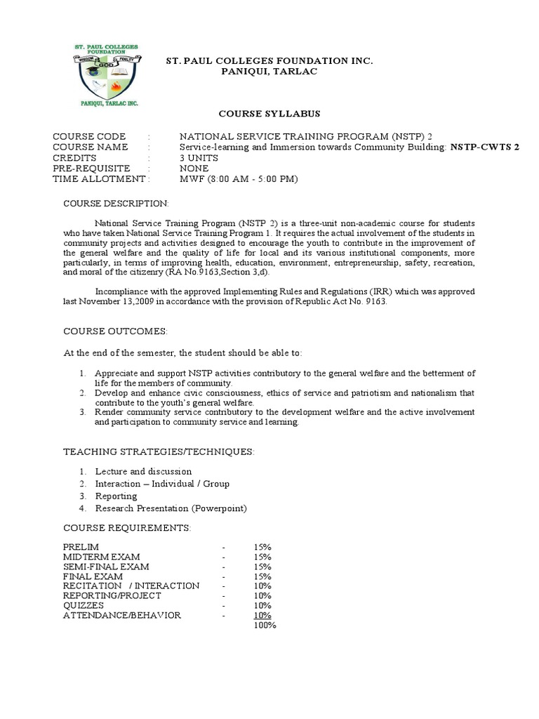 NSTP 2: Community Service Course | PDF | Service Learning | Needs ...