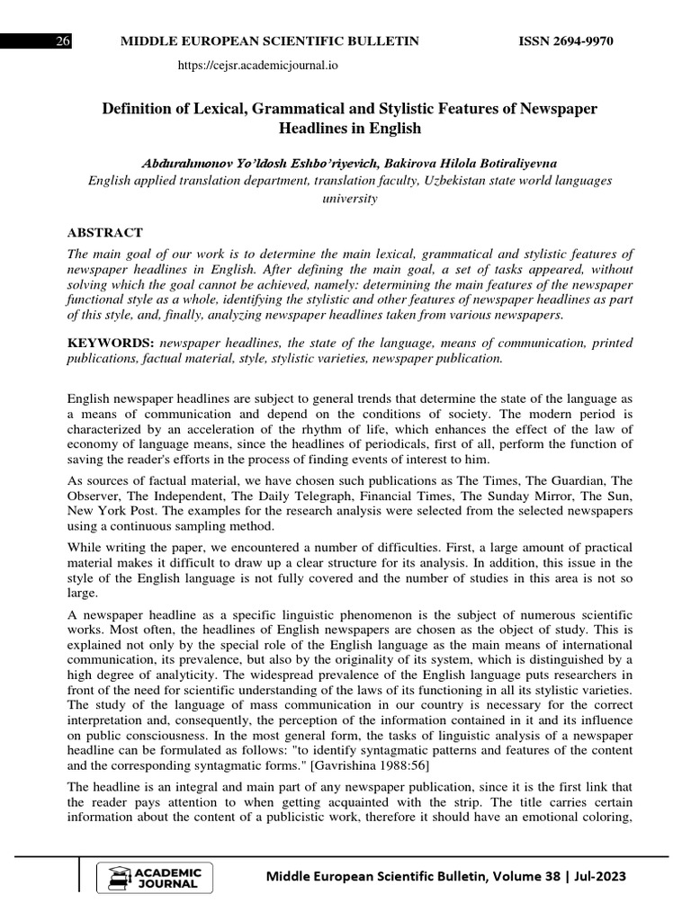 Definition of Lexical, Grammatical and Stylistic Features of Newspaper ...