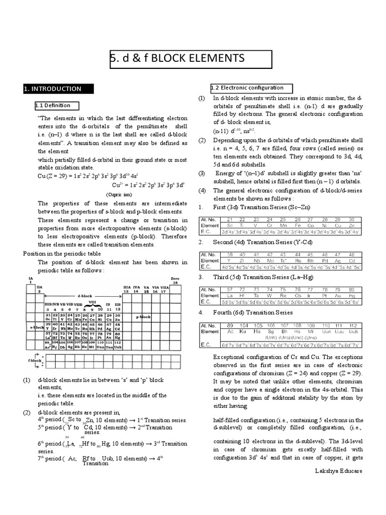 D and F Block Elements | PDF | Transition Metals | Magnetism