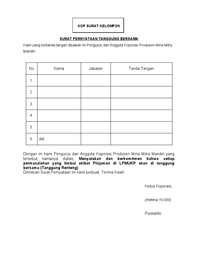 Format Tanggung Renteng Koperasi Mina Mitra Mandiri | PDF | Karier ...