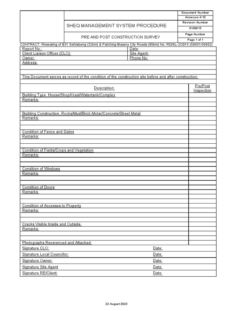 Annexure 4-10 Pre and Post Construction SITE Survey or Inspection Rev 01 | PDF | Technology ...