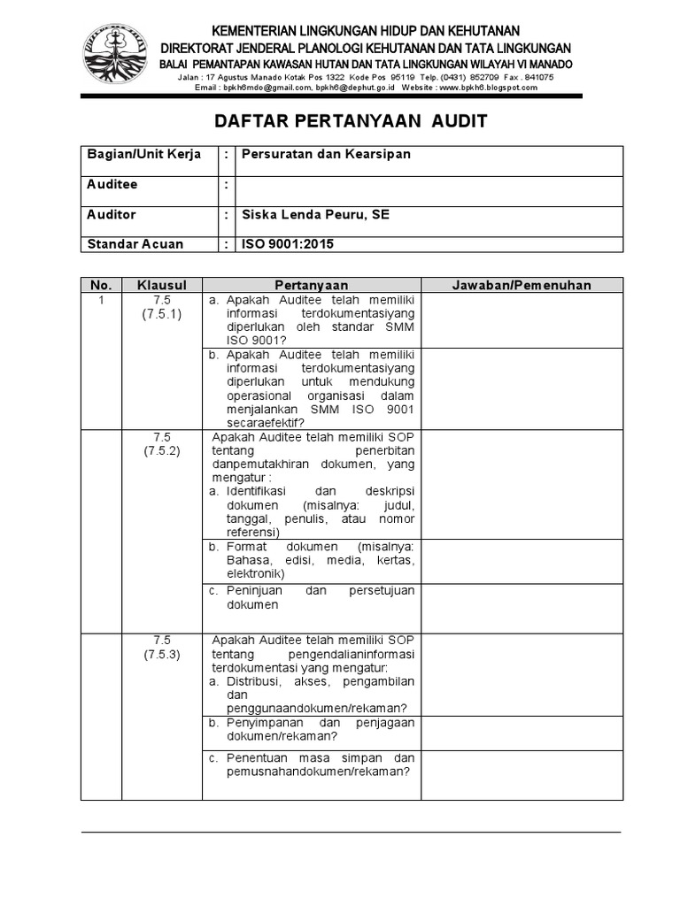 Form Daftar Pertanyaan Audit - Persuratan Dan Kearsipan | PDF