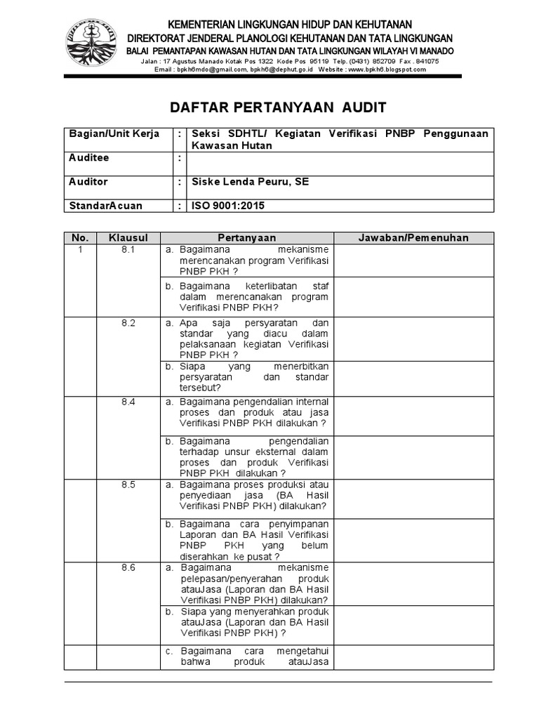Form Daftar Pertanyaan Audit - Seksi SDHTL | PDF | Bisnis | Pengelolaan ...