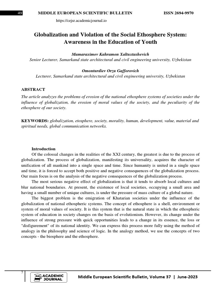 Globalization and Violation of the Social Ethosphere System: Awareness ...
