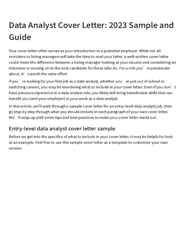 Data Analyst Cover Letter - 2023 Sample and Guide | Download Free PDF | Analytics | Data Analysis