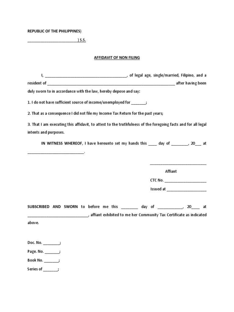 Affidavit of Non-Filing of Income Tax Return | PDF | Finance & Money ...