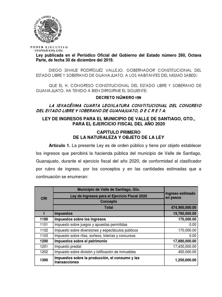 Ley de Ingresos para El Municipio de Valle de Santiago Guanajuato para El Ejercicivo Fiscal Del ...