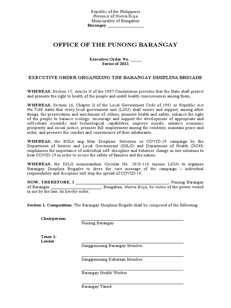 Executive Order Organizing The Barangay Disiplina Brigade | PDF ...
