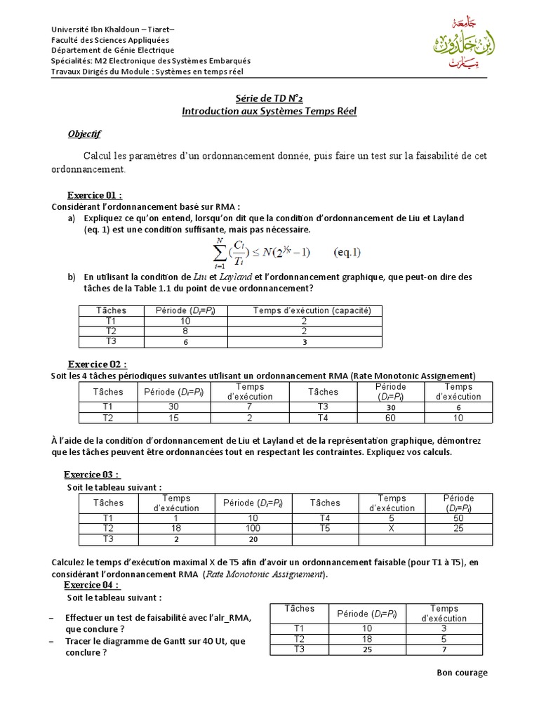 Calcul Les Paramètres D'un Ordonnancement Donnée, Puis Faire Un Test ...