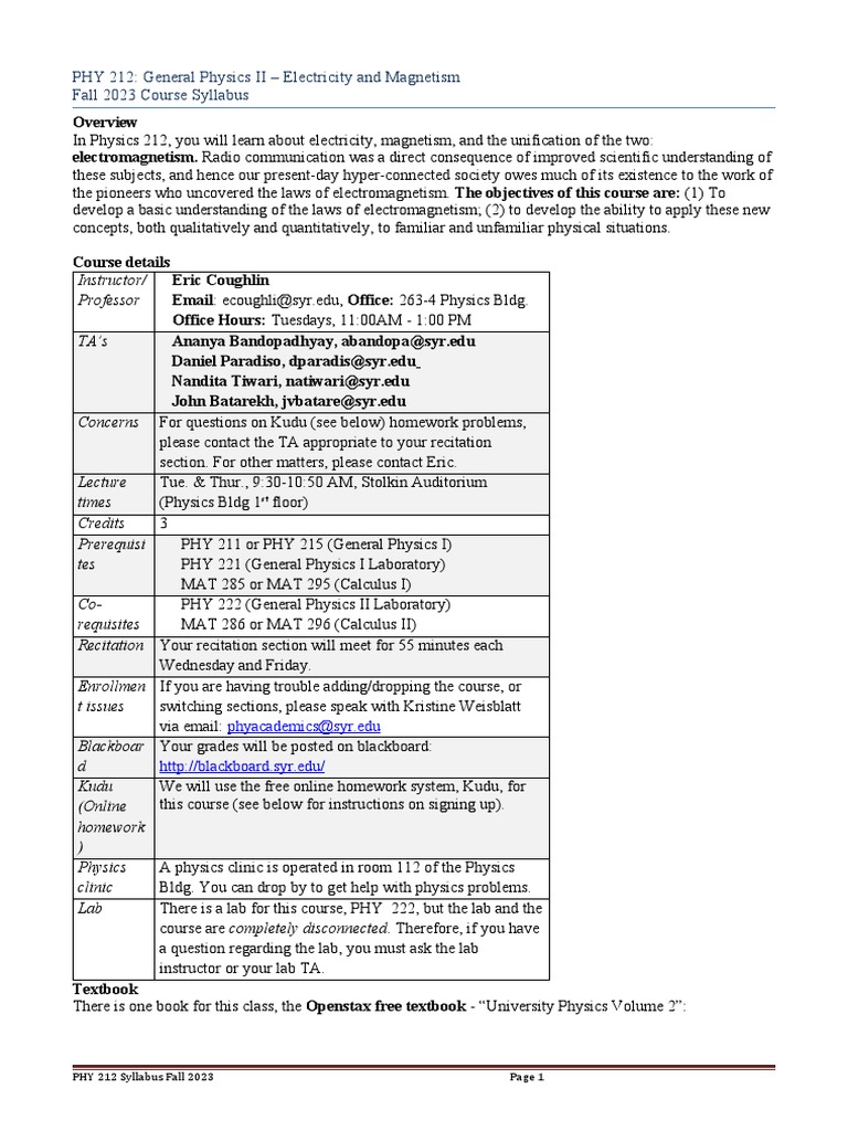 Electricity & Magnetism Syllabus | PDF | Academic Term | Electromagnetism