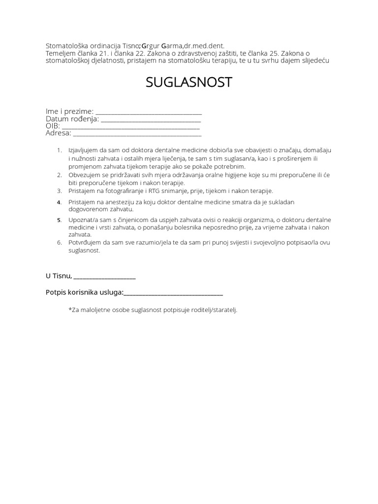 Suglasnost Za Lijecenje | PDF