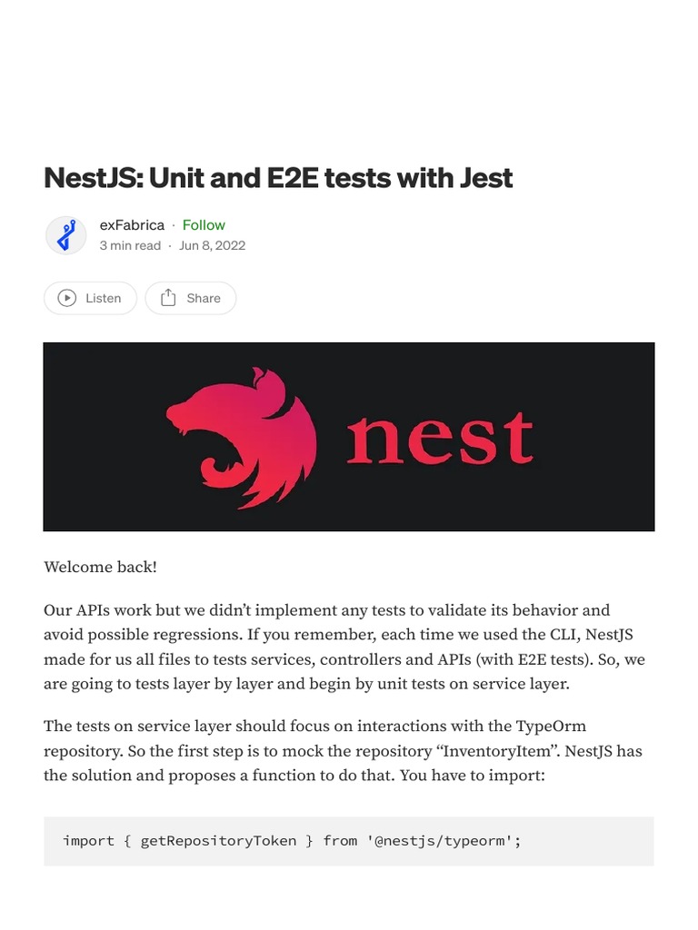 NestJS: Unit and E2E Tests With Jest - by Exfabri | PDF | Databases | Json NestJS: Unit and E2E Tests With Jest - by Exfabri | PDF | Databases | Json