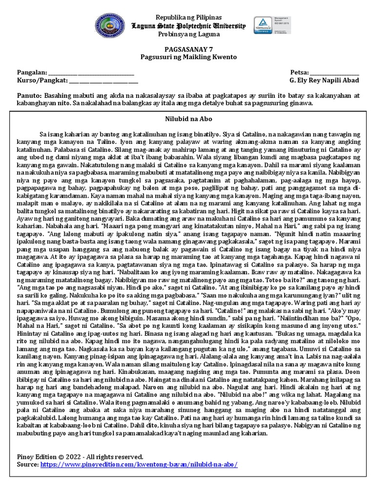 Fildis Pagsasanay 7 Pagsusuri NG Maikling Kwento | PDF