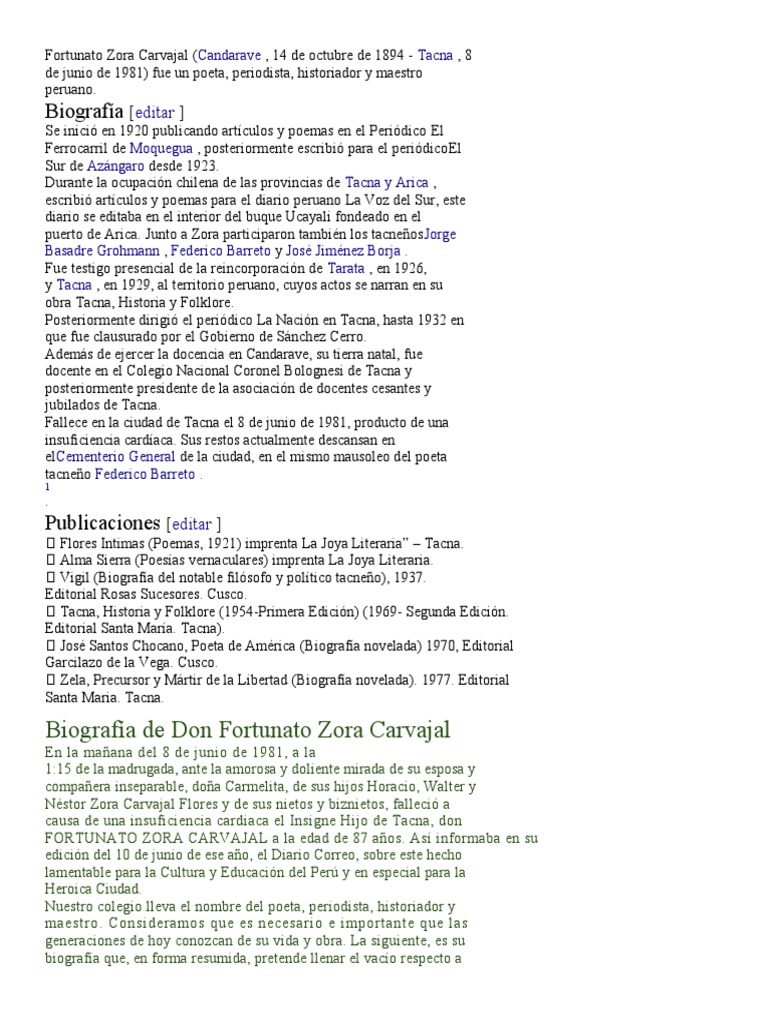 Fortunato Zora Carvajal: Vida y Obra | PDF | Historia