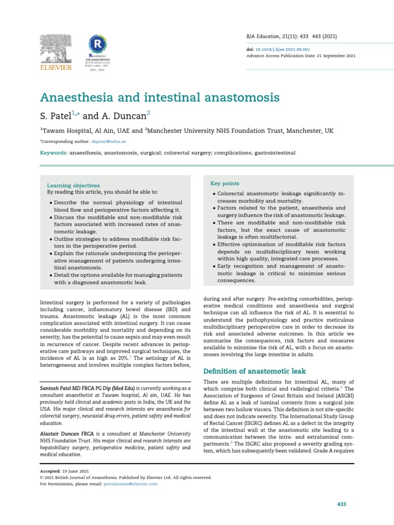 Anaesthesia and Intestinal Anastomosis | PDF