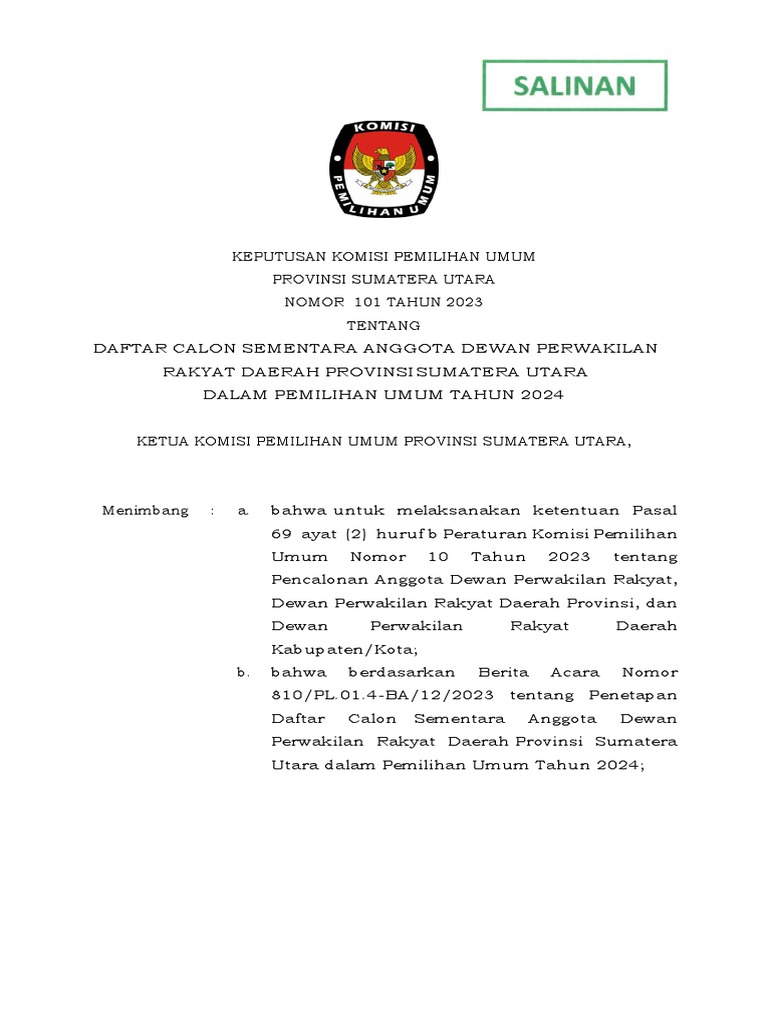 Salinan SK Dcs DPRD Provinsi Sumut | PDF