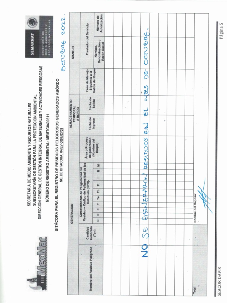 Bitacora de Residuos Peligrosos Octubre 2022 | PDF Bitacora de Residuos Peligrosos Octubre 2022 | PDF
