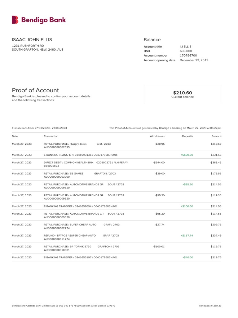 Proof of Account: Isaac John Ellis Balance | PDF