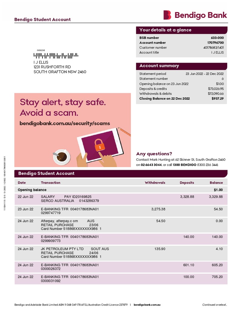 Bendigo Student Account Summary | PDF | Banks & Banking | Online Banking