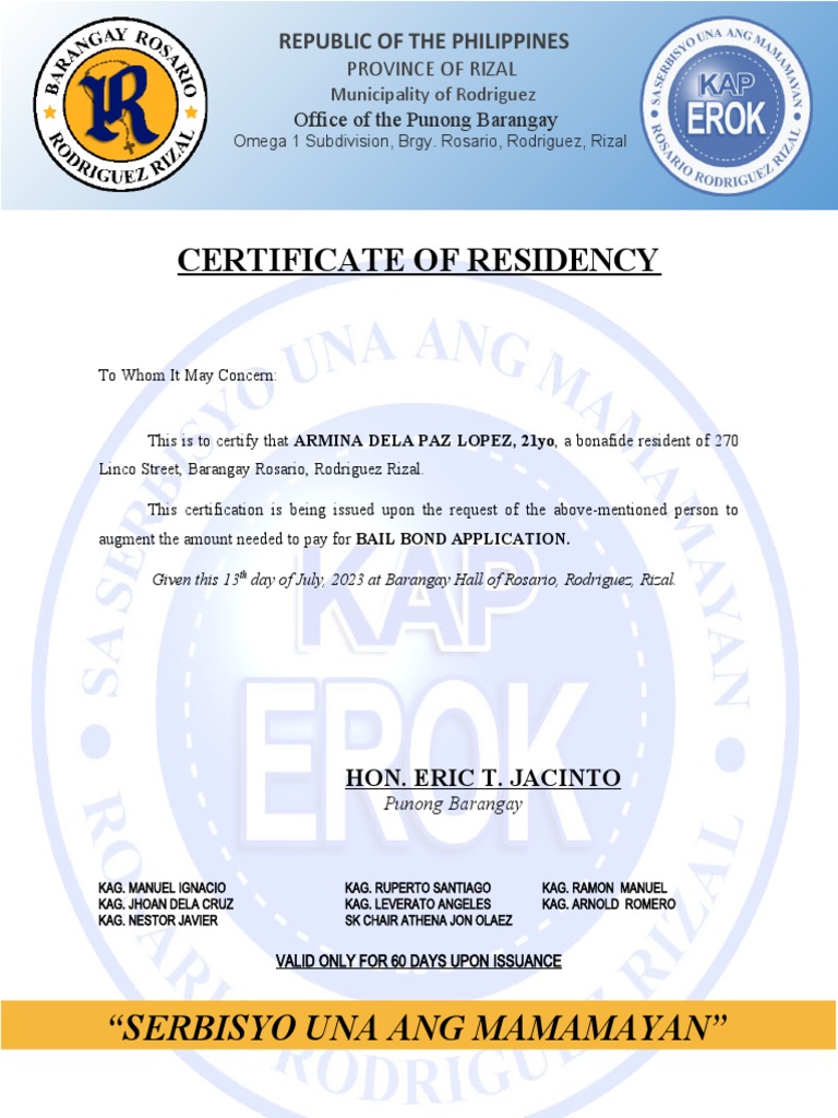 Certificate of Residency - Bail Bond | PDF