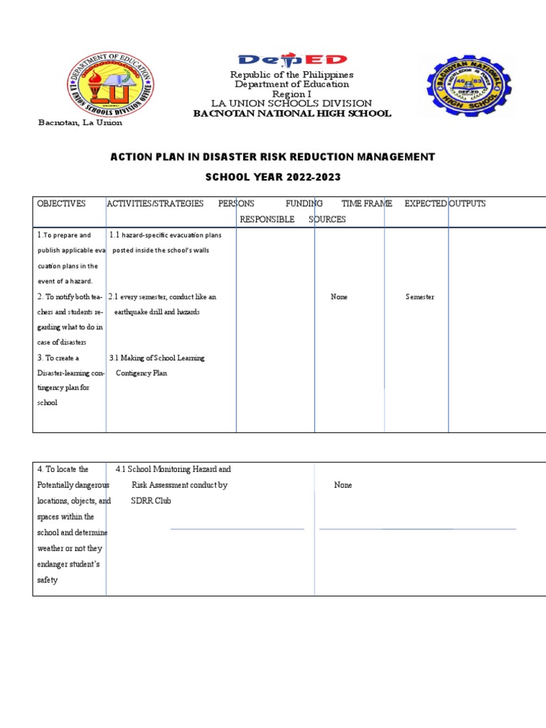 Action Plan in Disaster Risk Reduction Management | PDF