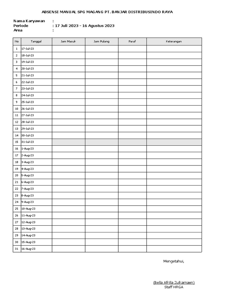 Absensi Manual SPG Magang | PDF