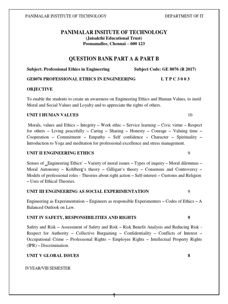 Ge8076 Professional Ethics in Engineering | PDF | Morality | Risk