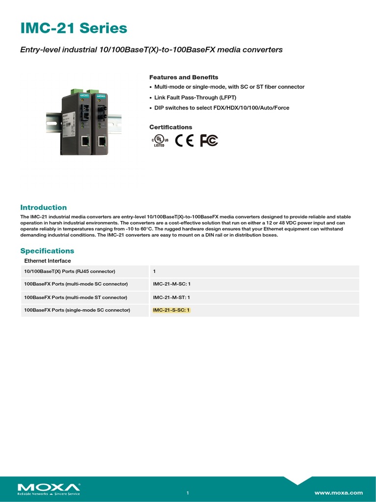 Imc-21-S-Sc Moxa | PDF | Optical Fiber | Telecommunications Equipment