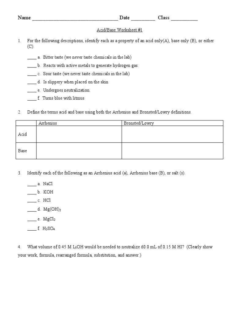 Chemistry Acid/Base Worksheet | PDF
