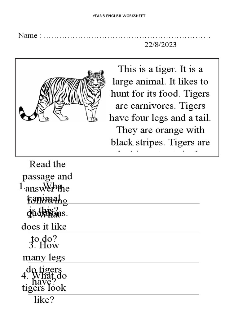 Worksheet - Easy Comprehension - Tigers | PDF