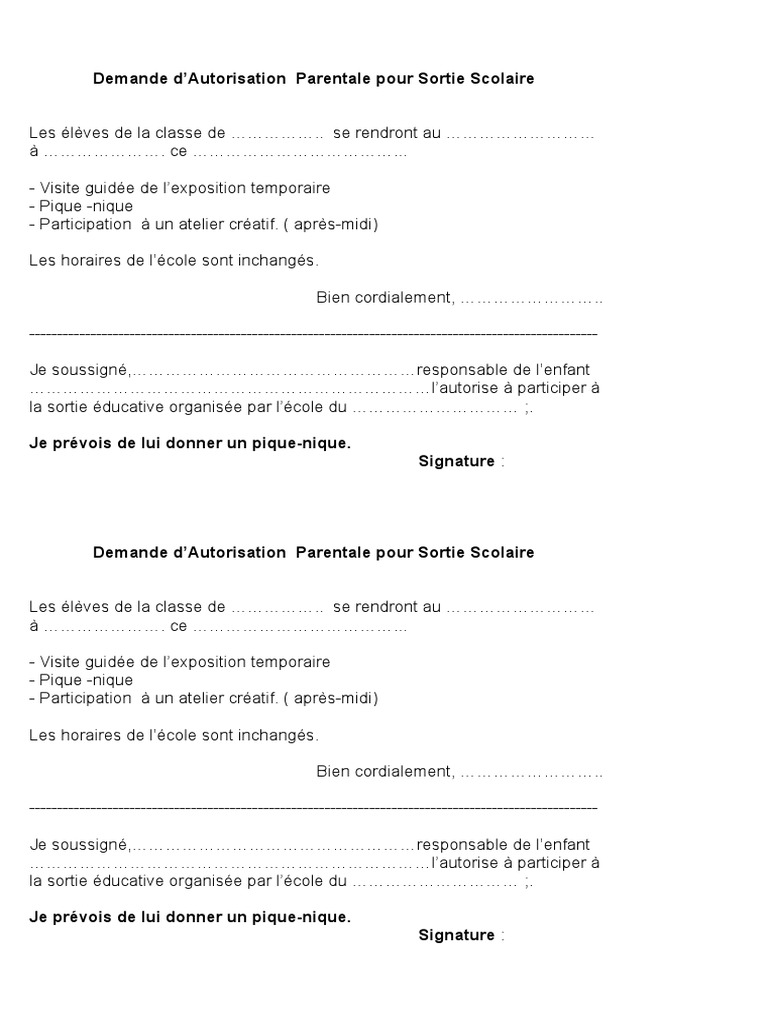 Autorisation Parentale Pour Sortie Scolaire | PDF