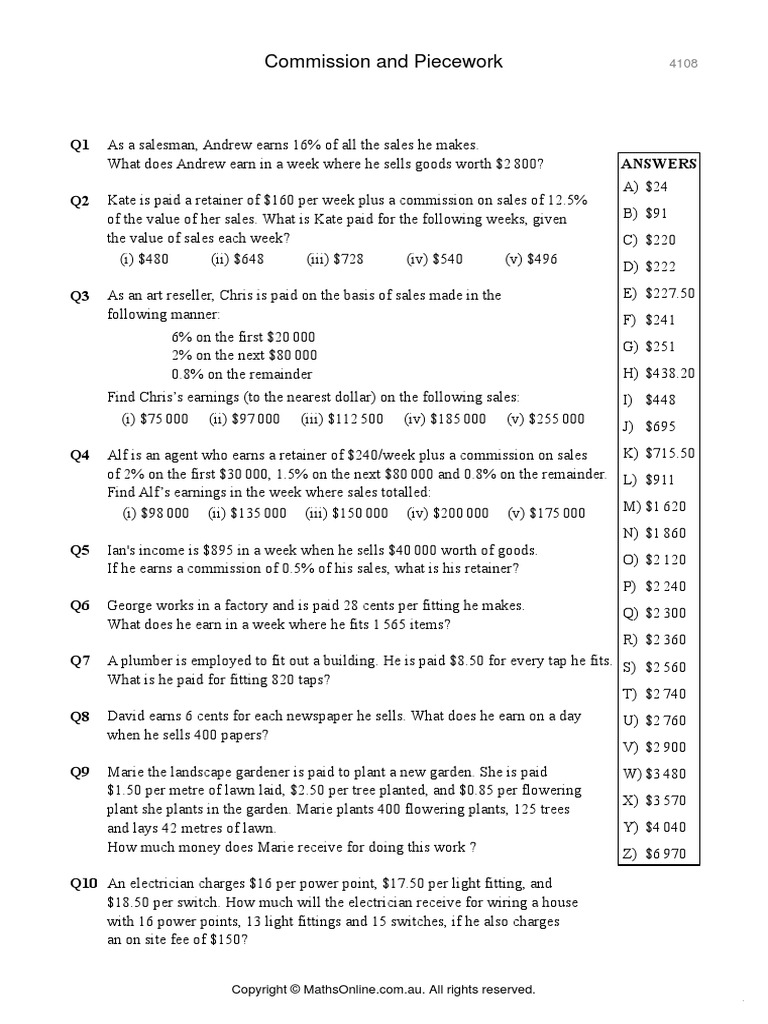 Commission and Piecework: Q1 Answers | PDF