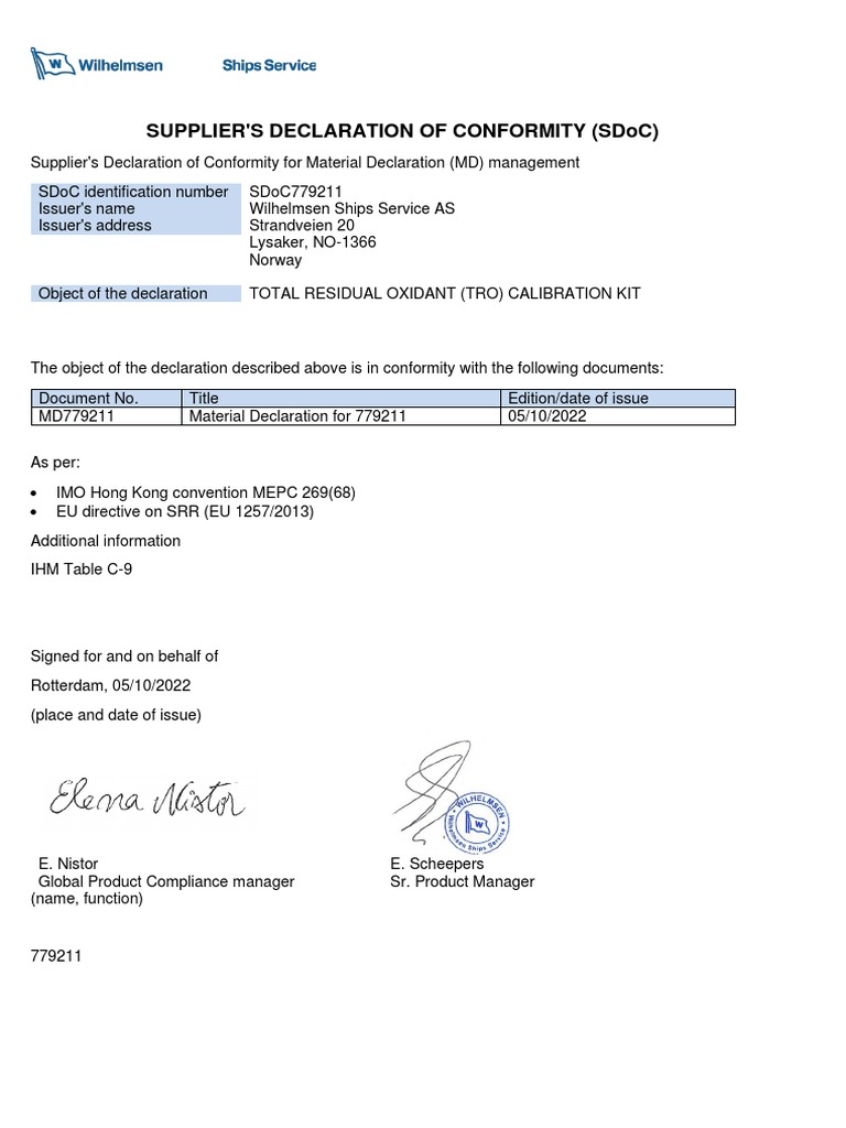 Supplier'S Declaration of Conformity (Sdoc) | PDF | Chemistry ...
