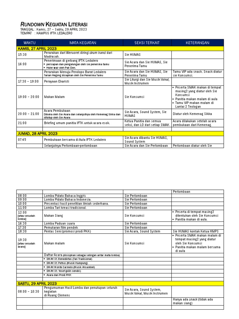 Draft Rundown Kegiatan Literasi | PDF