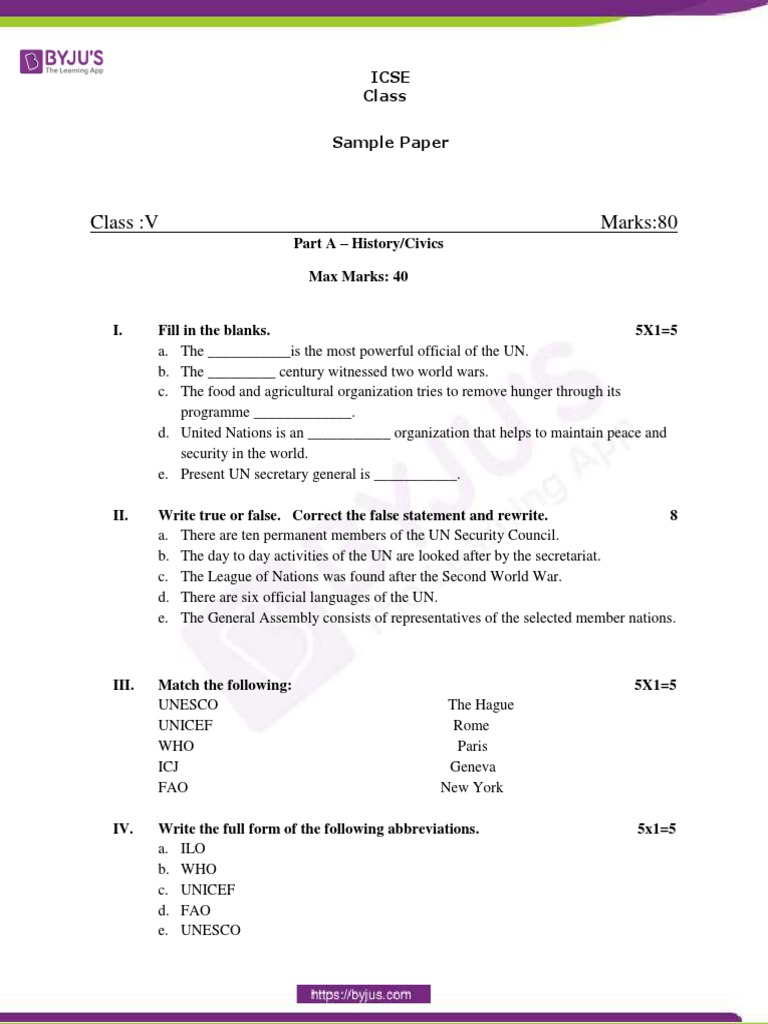 ICSE Class 5 Social Science Sample Paper | PDF